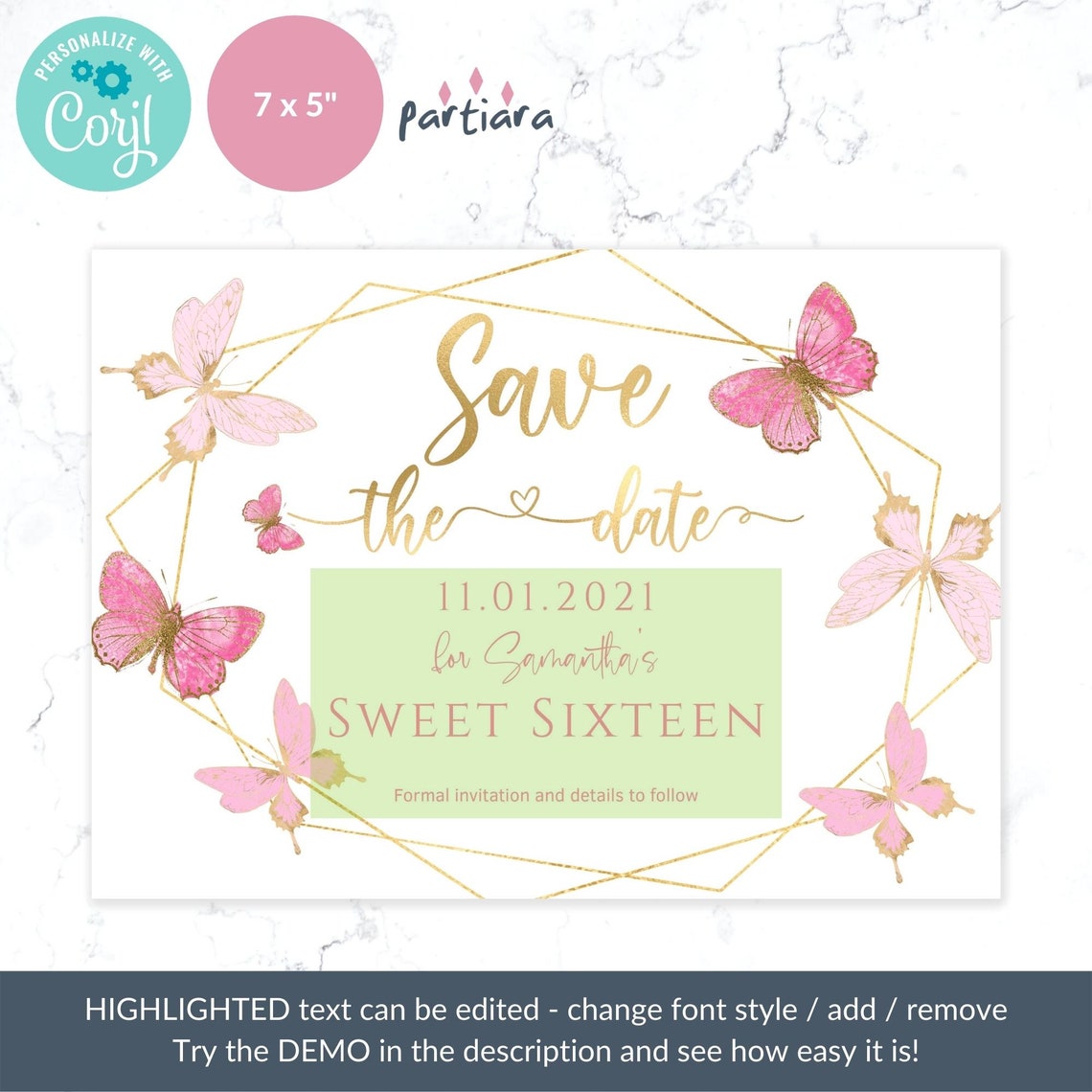 Butterfly Save the Date Card Printable Girl Sweet 16 Quinceanera Pink ...