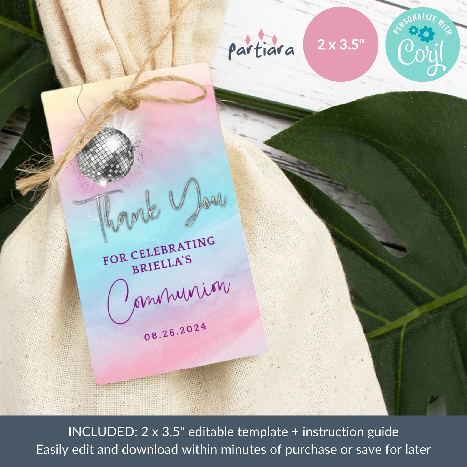 Disco Birthday Tags, Teens Thank You Gift Tag Printable, Pastel Rainbow ...
