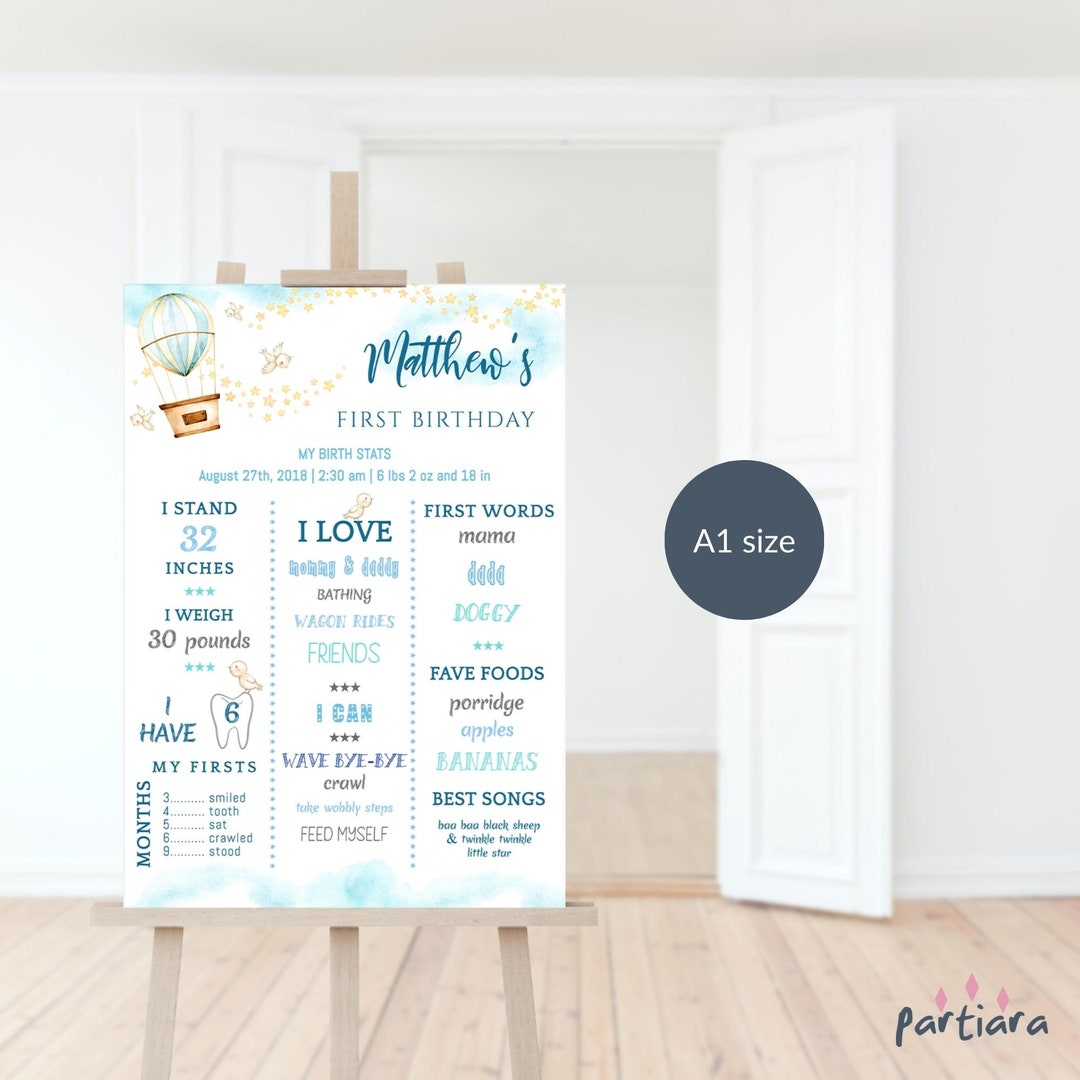 Boy 1st Birthday Balloon Milestone Sign Printable up up Away First Year ...
