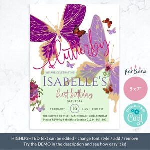 Purple Butterfly 1st Birthday Invite Flutterby Tea Party Invitations ...