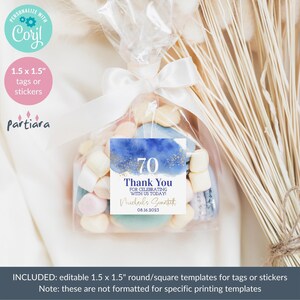 Blue Favor Gift Tag Template: 70th Birthday Party Labels Printable for ...