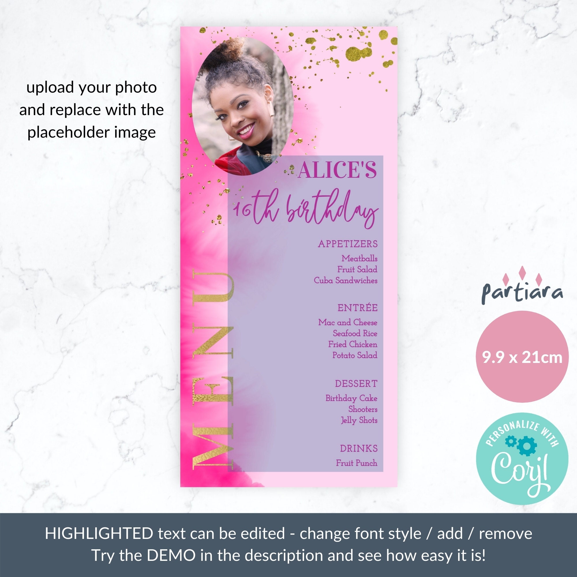 Editable Hot Pink Photo Menu Card Teen Girls Brunch or Dinner - Etsy