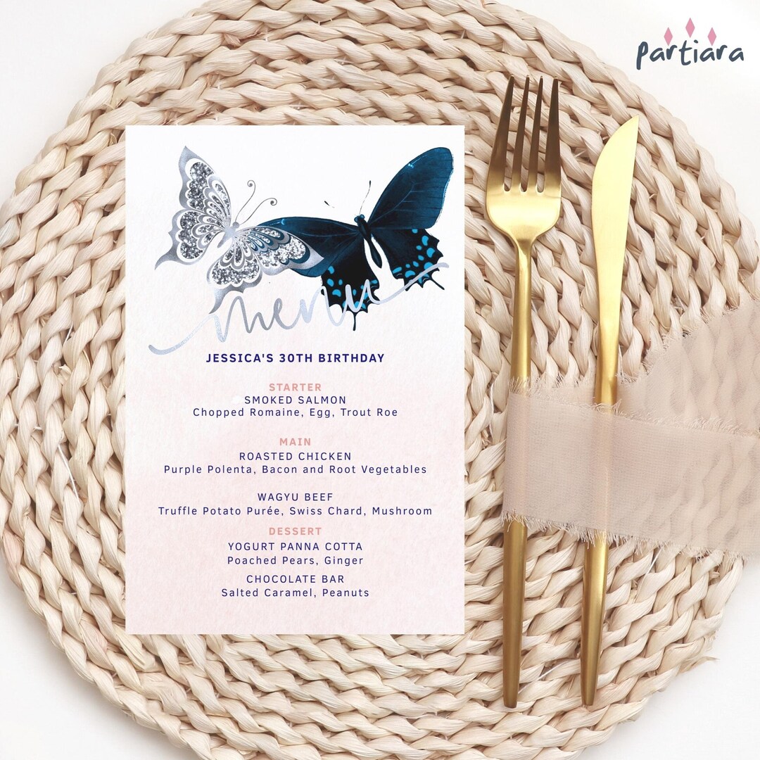 Blue Pink Butterfly Menu Printable Silver Baby Shower Butterflies ...