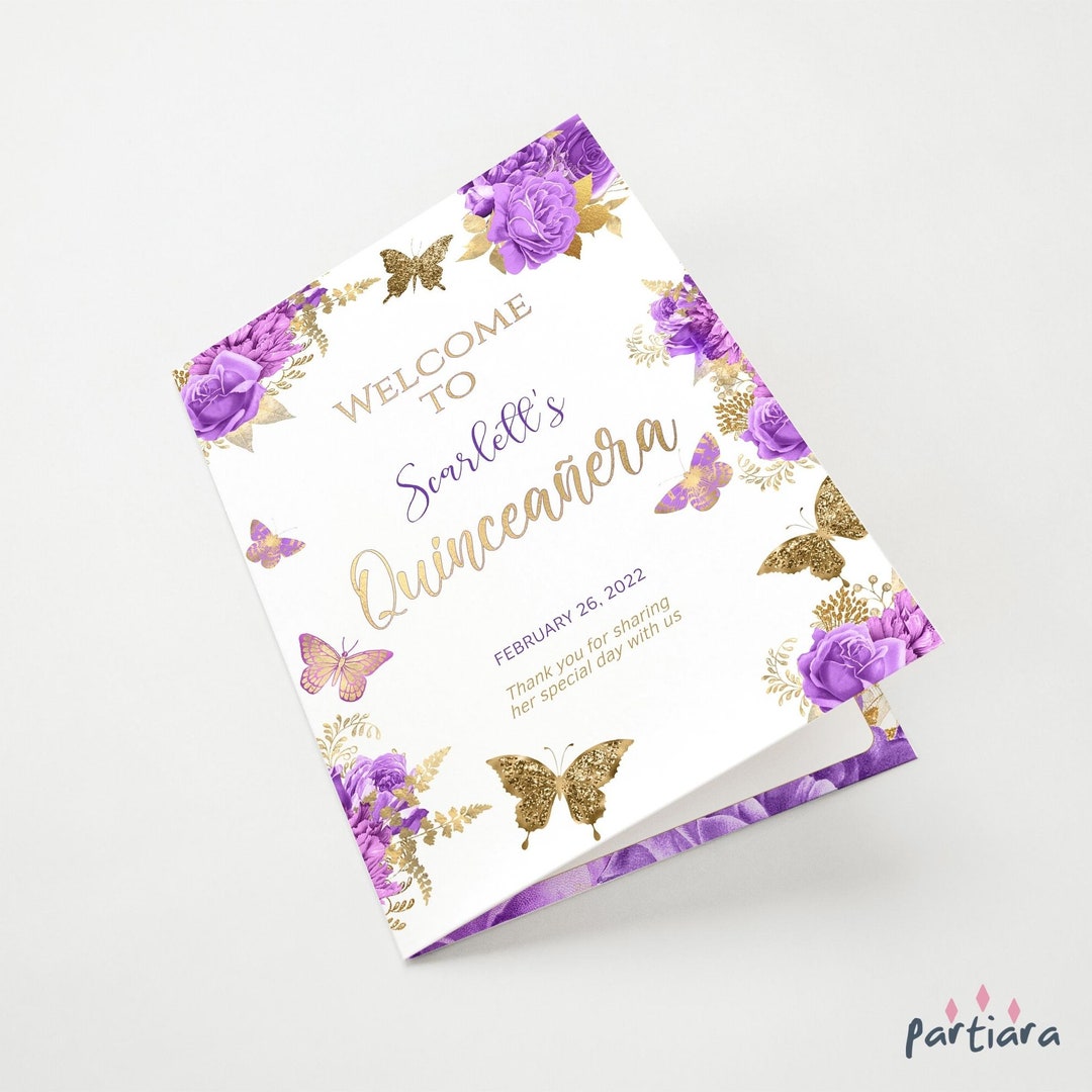 Purple Quinceanera Programs, Butterfly Quince Party Table Folding ...