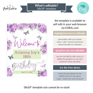Butterfly Birthday Sign Welcome Party Printable, Girls Purple Floral ...