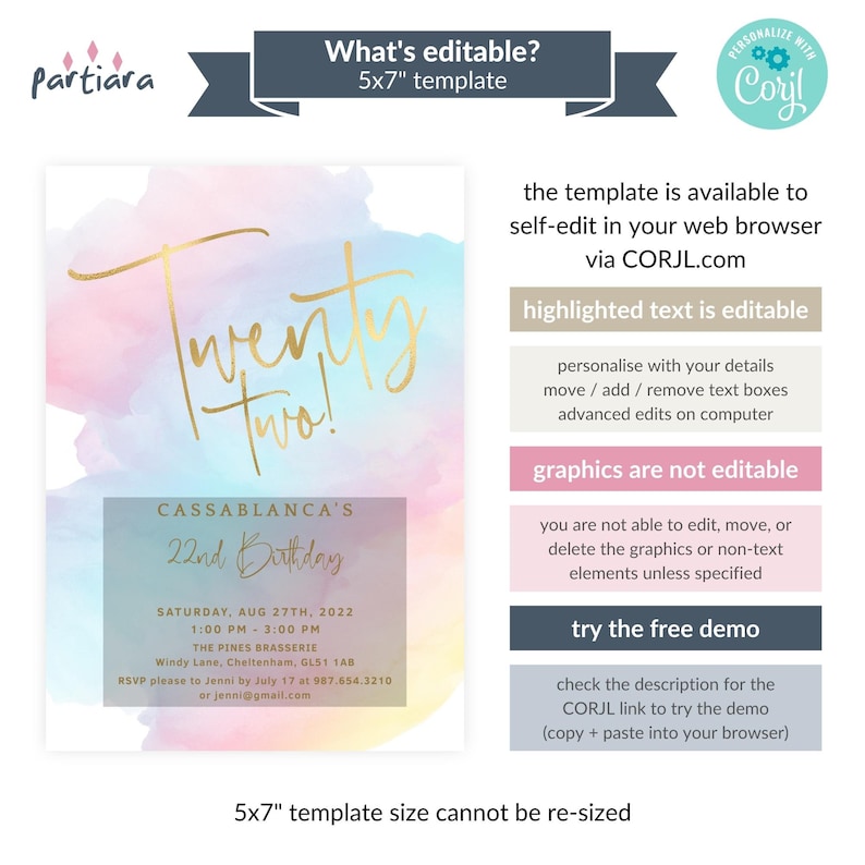 22nd Birthday Invitation Template: Girls Rainbow Brunch Lunch or Dinner ...