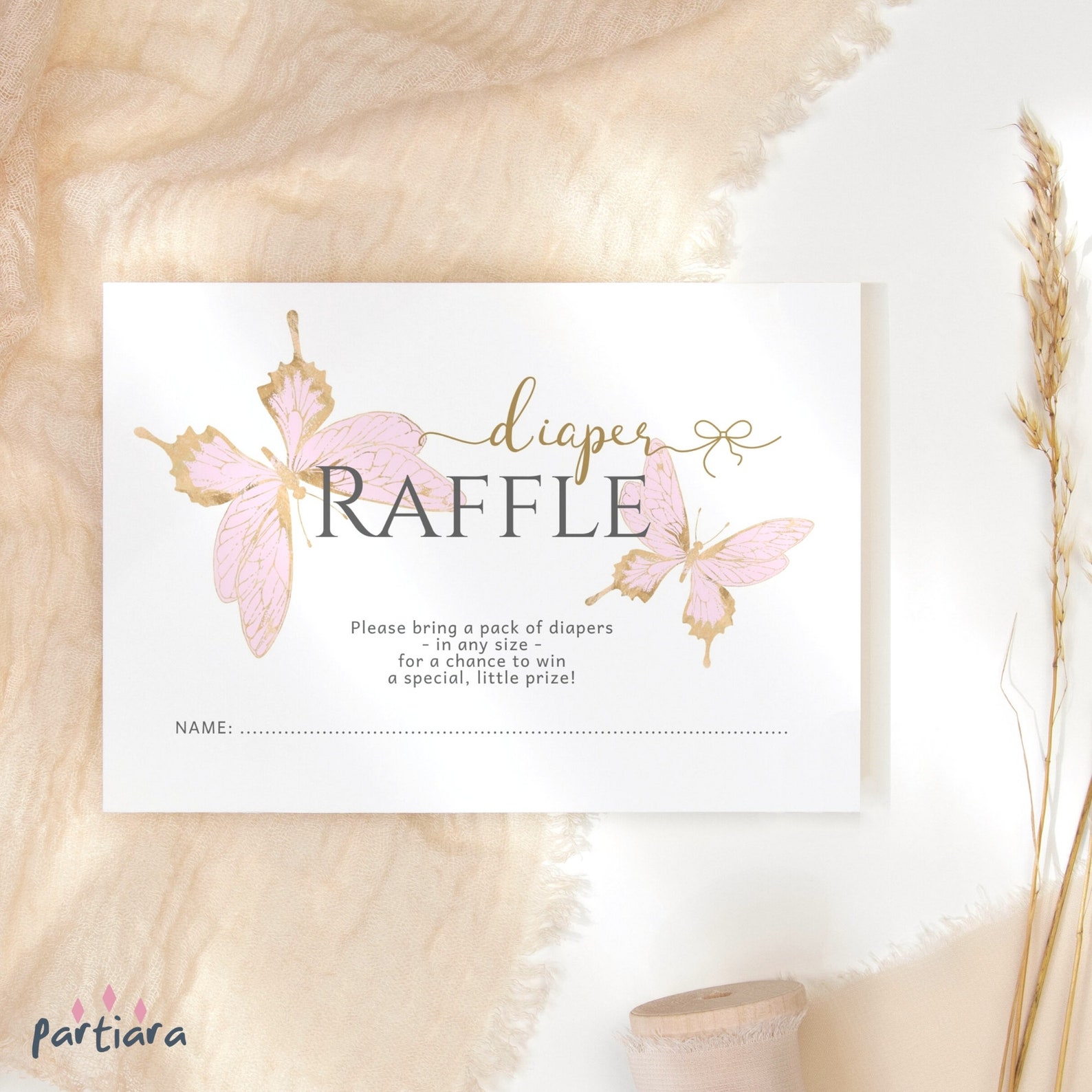 Butterfly Diaper Raffle Insert Cards Editable Template, Girl Pink Baby ...