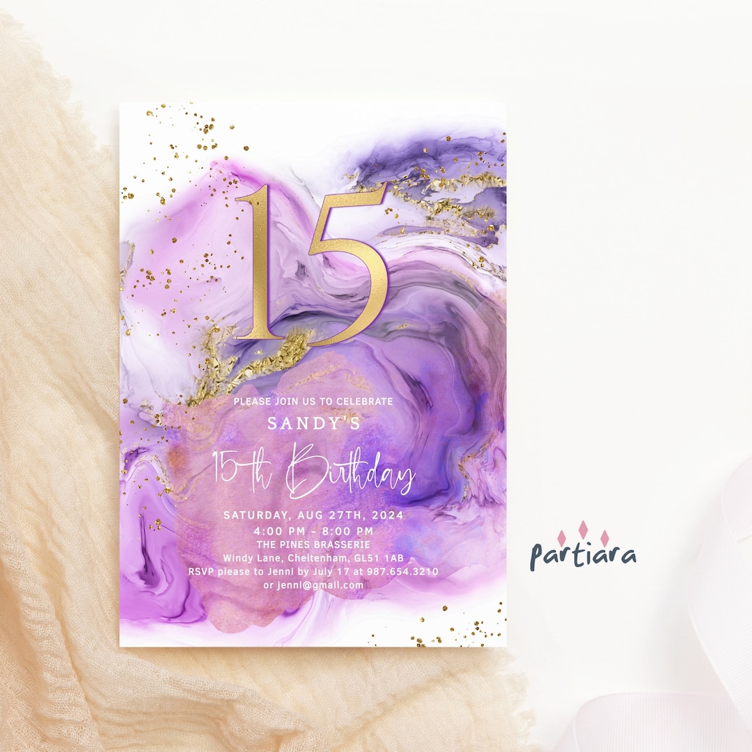 Purple 15th Birthday Invitation Printable, Girls Turning Fifteen Disco ...
