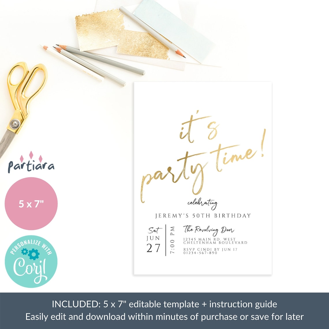 It's Party Time Invitation Gold Birthday Invite Printable | Etsy