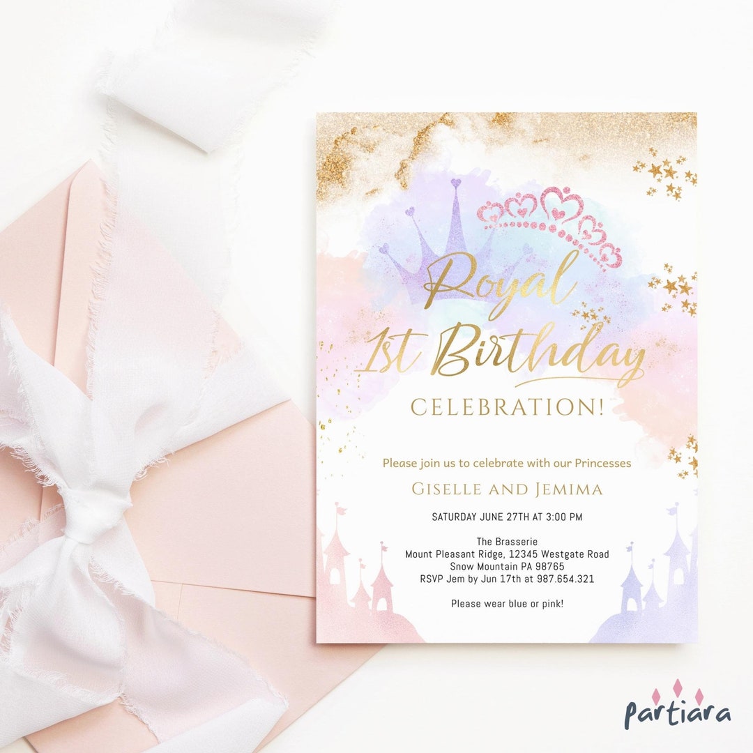 1st Birthday Princess Invite, Pink Lilac Fairytale Castle and Tiara ...