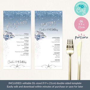 Diamond Menu and Program Template, Birthday Dinner Menus, Editable ...