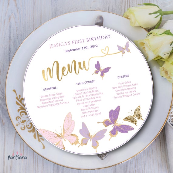 Butterfly Menu Card Editable Round Plate Charger Menus DIY | Etsy