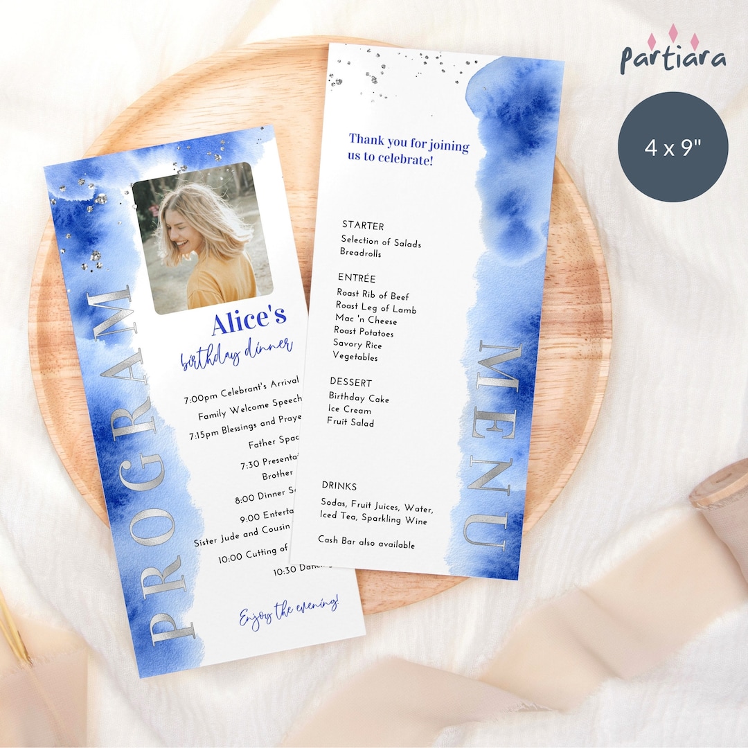 Blue Silver Program Menu Card Printable, Ladies Birthday Party Programs ...