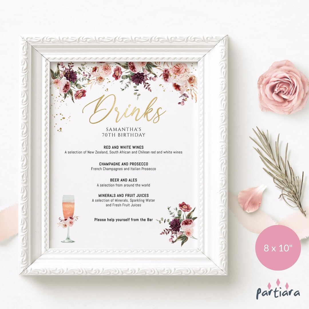 Birthday Cocktail Menu, Ladies Dinner Party Bar Menus Printable, Table ...