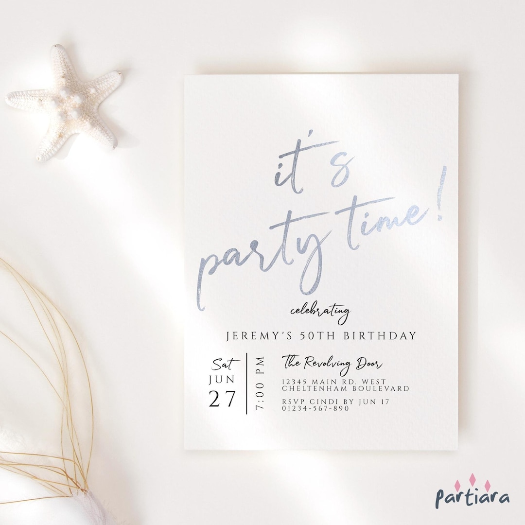 Editable Its Party Time Invitation Template All White Silver Dinner ...