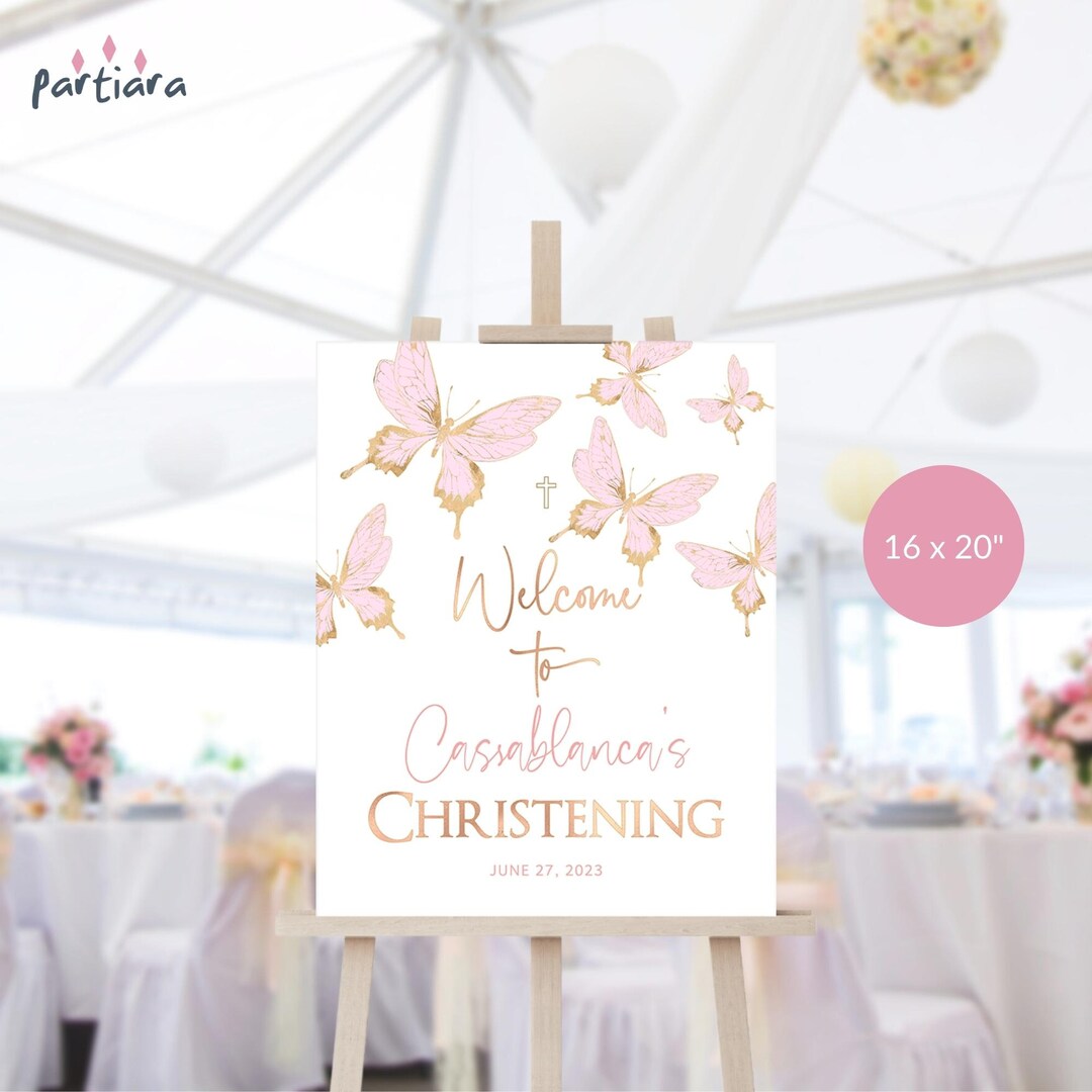 Christening Sign Welcome Poster Decoration Printable Girls Rose Gold ...