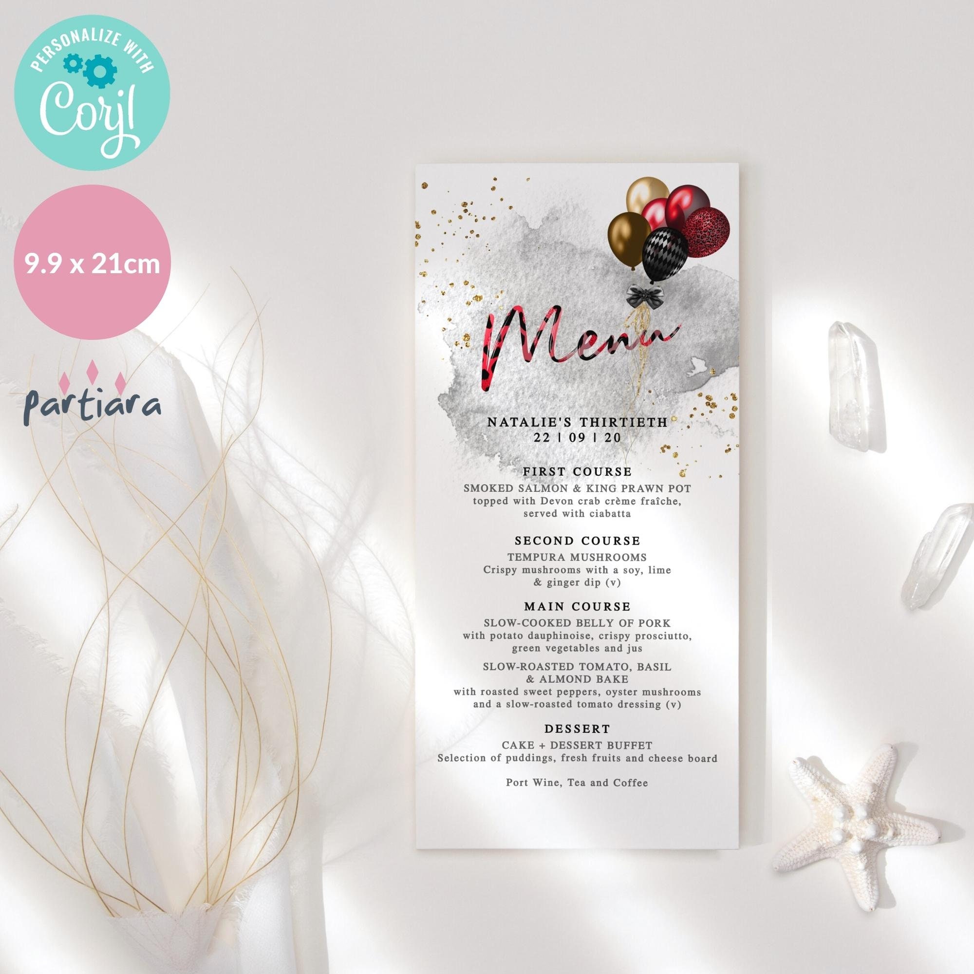 Editable Birthday Holidays Party Menu Black Red Gold Balloons - Etsy