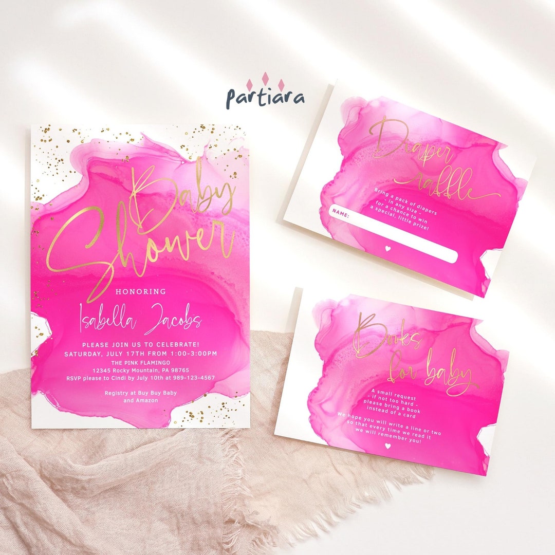 Pink Baby Shower Invitation, Hot Pink Party Invite Bundle Set Printable ...