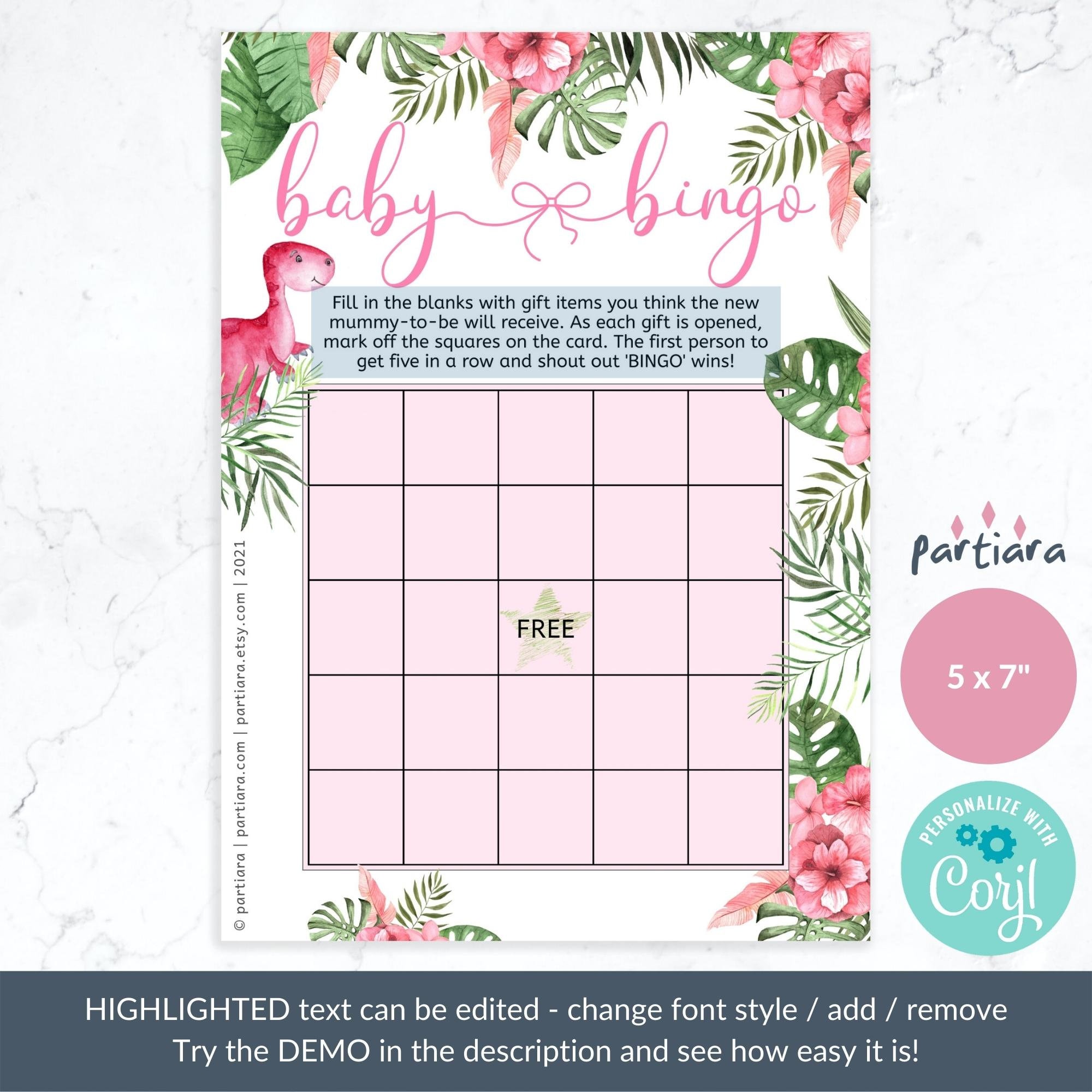 Baby Dinosaur Bingo Game Card Girl Baby Shower Party Games Notecard ...