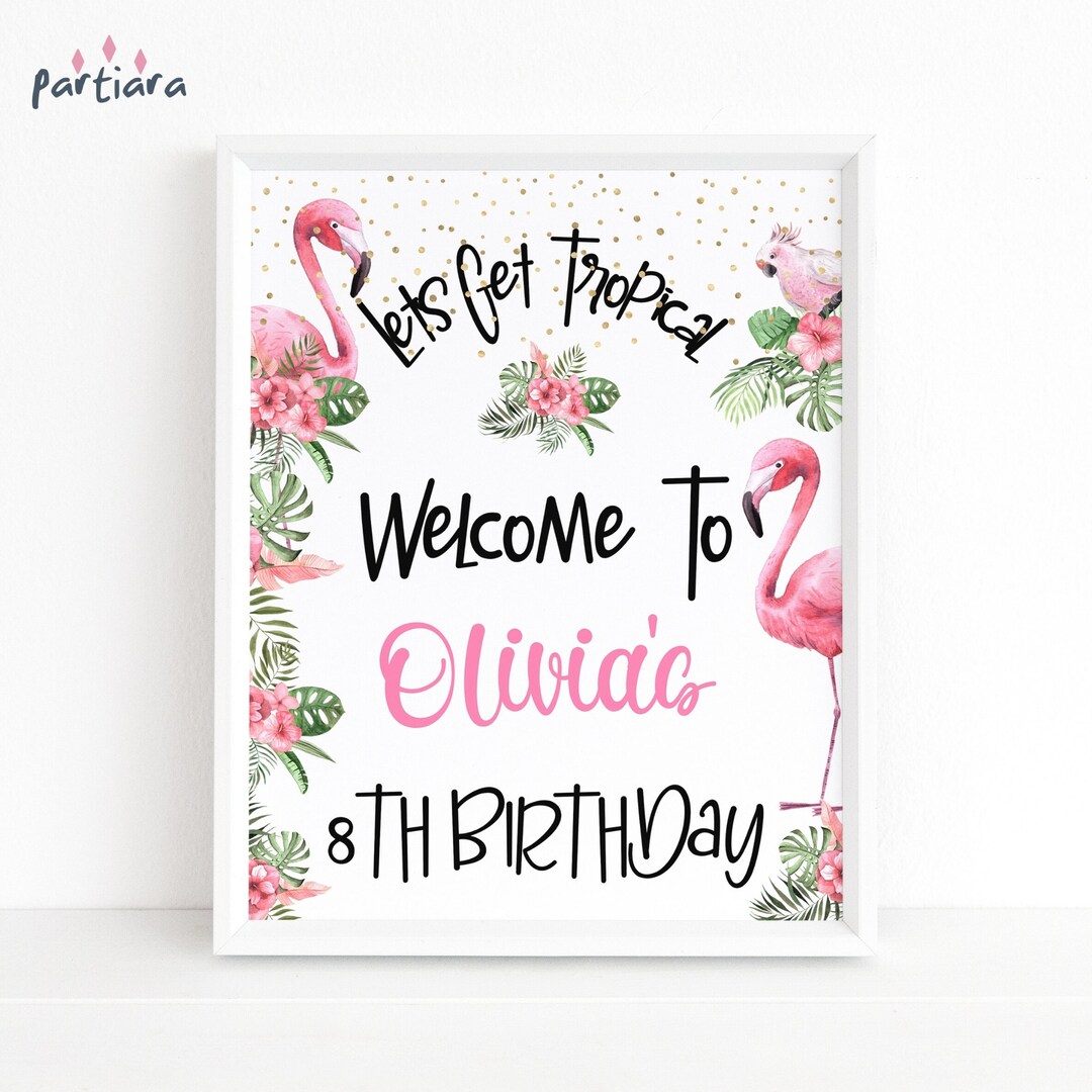 Birthday Flamingo Sign, Girls Tropical Party Welcome Table Poster Decor ...