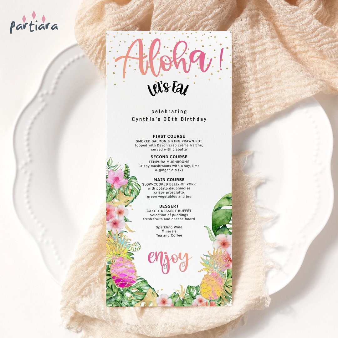Aloha Tropical Menu Card Birthday Brunch Party Table Menus Printable ...