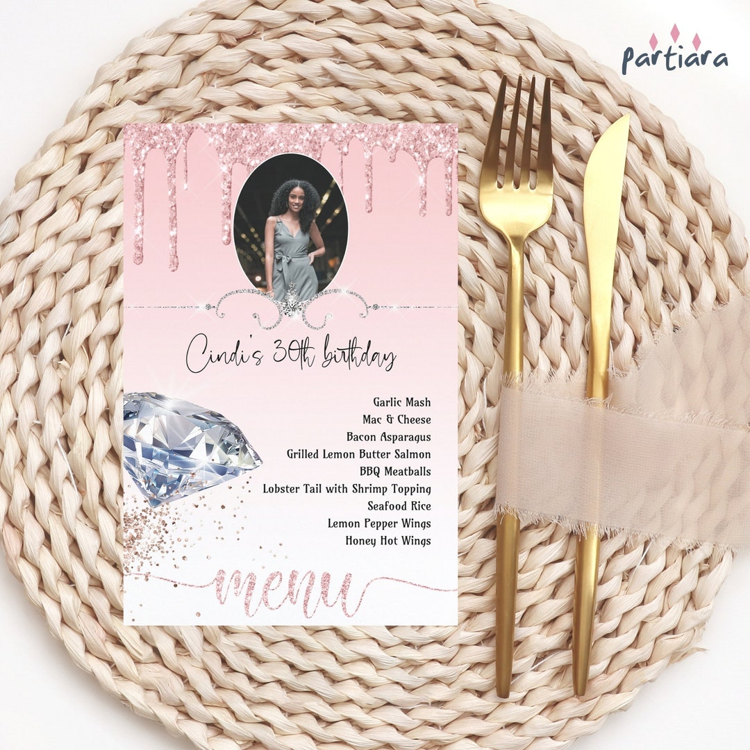 Ladies Birthday Photo Menu Card Editable Diamond Blush Pink Rose Gold ...