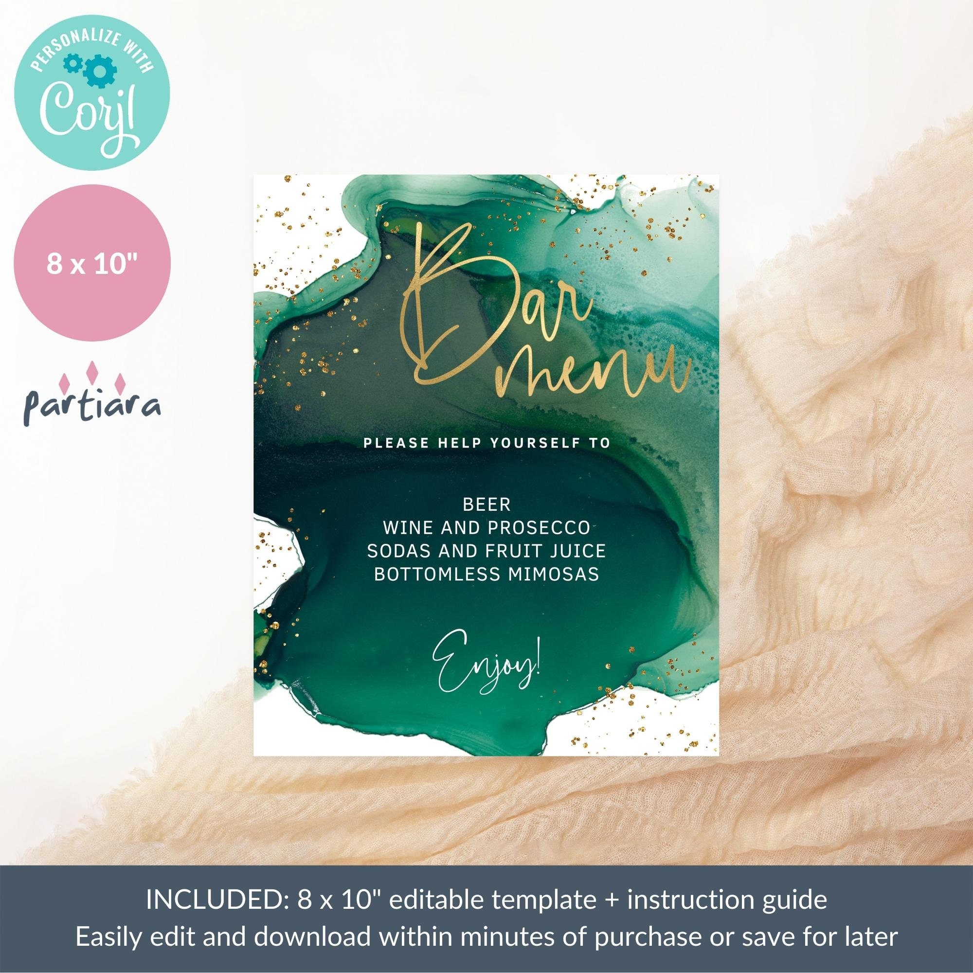 Bar Menu Sign, Emerald Green Bar Menus Printable, Adult Party Drinks ...