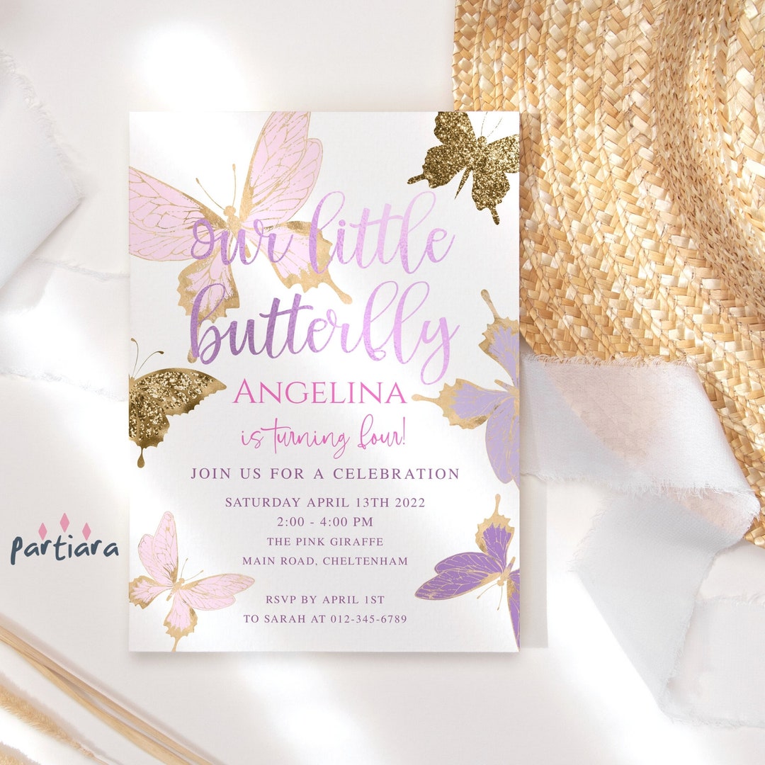 Butterfly Birthday Invitation Girl Pink Purple Lilac And Gold Etsy