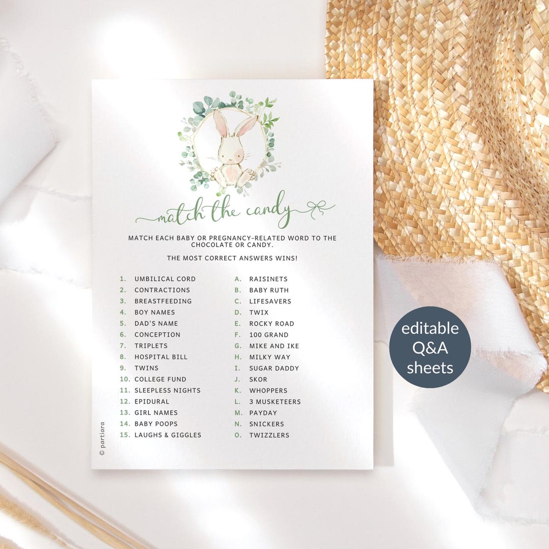 Bunny Baby Shower Game, Candy Games Card, Match the Candies Trivia Quiz ...