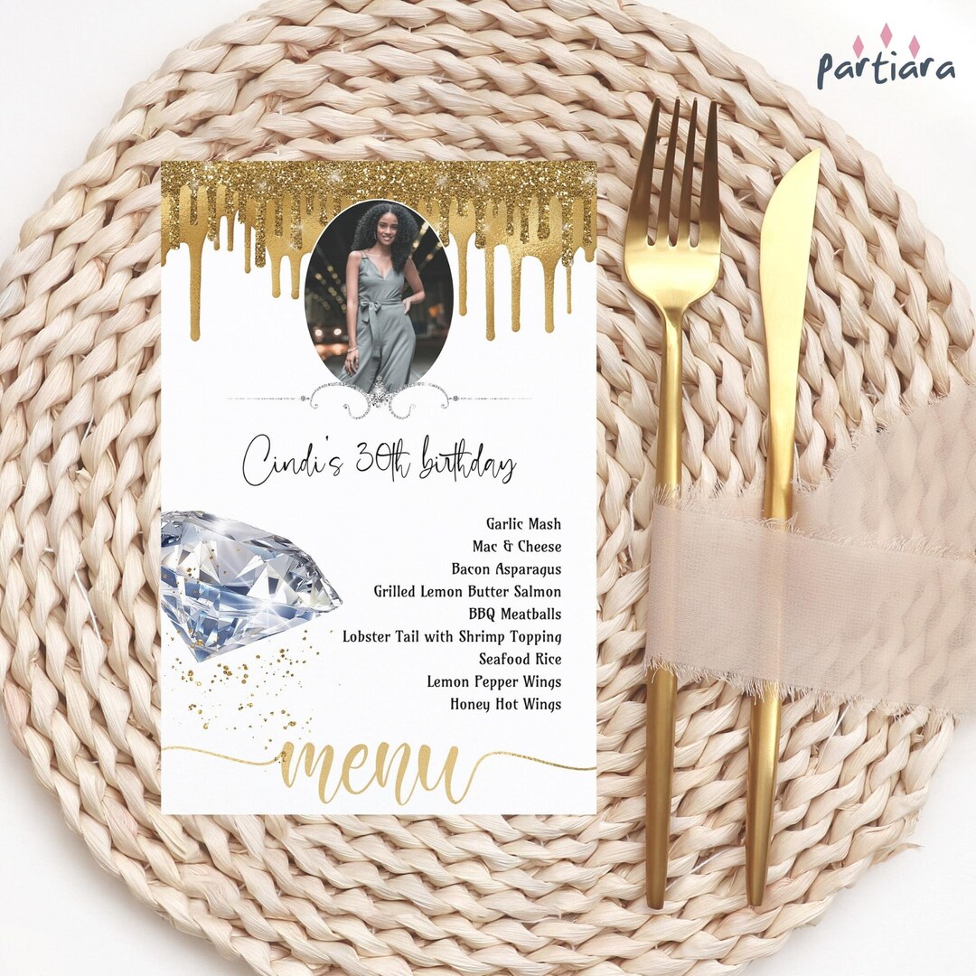 Photo Menu Card Birthday Diamonds Gold Glitter Table Menus Printable ...