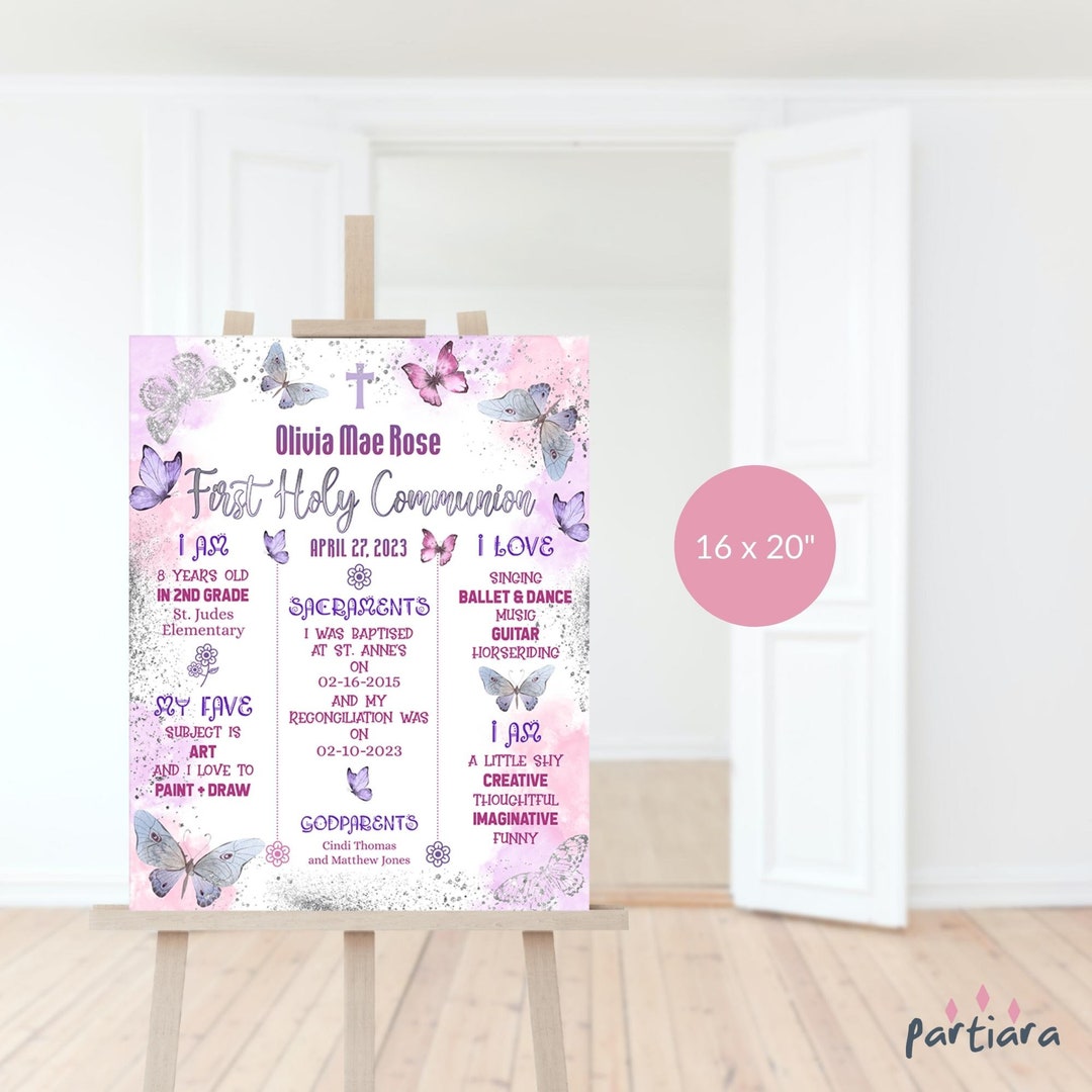 Girls Communion Milestone Chart First Holy Communion Board Butterflies ...