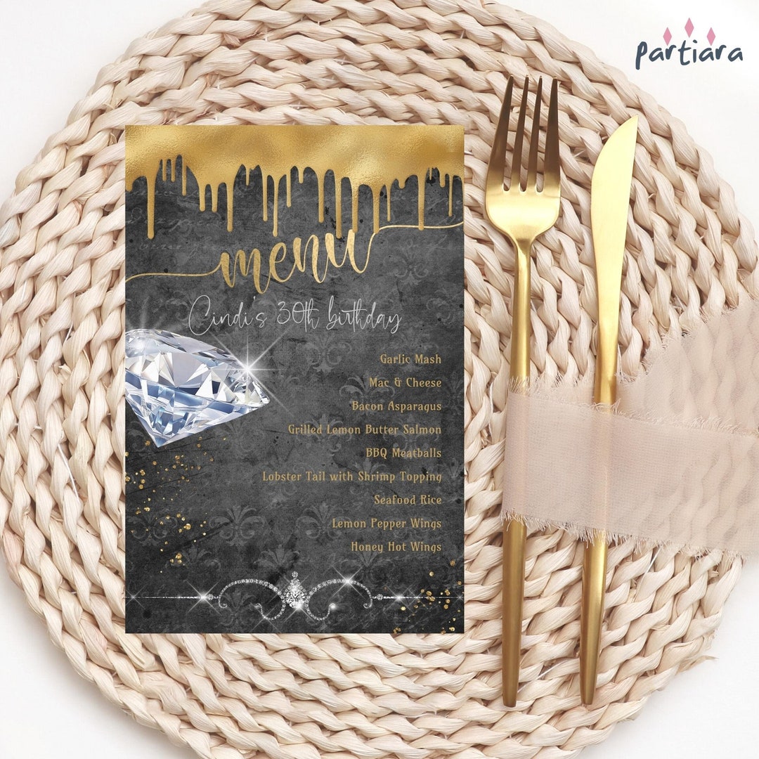 Birthday Diamond Menu Card, Celebration Menus Printable, Ladies Black ...