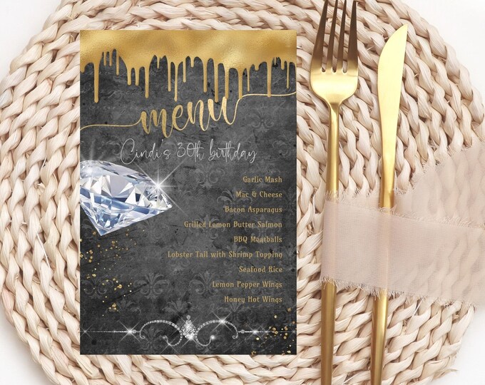Editable Any Age Luxury Black Gold Birthday Dinner Menu, Editable Table ...