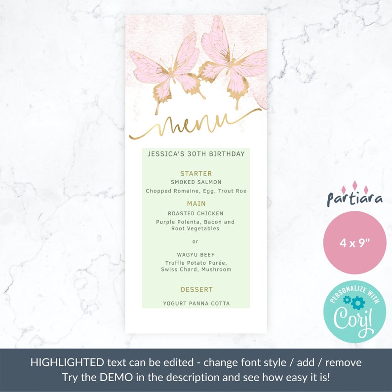 Butterflies Menu Card Editable Slim Party Table Menus Girl - Etsy
