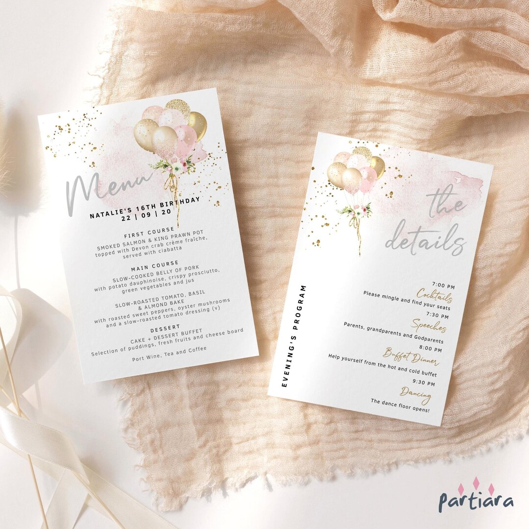 Editable Birthday Menu Program Cards Ladies Blush Pink Floral Silver ...