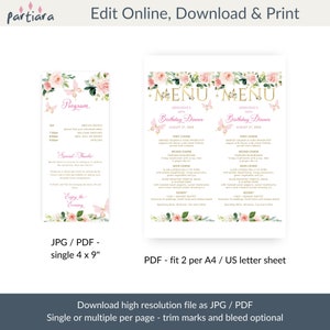 Pink Floral Menu Program Editable Template, Girl's 16th Birthday ...