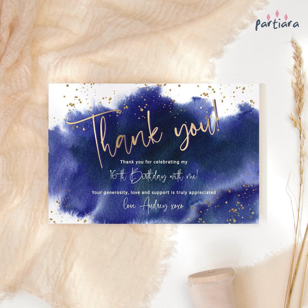 Navy Blue Gold Thank You Notecard Printable Teen Boy Girl Birthday ...