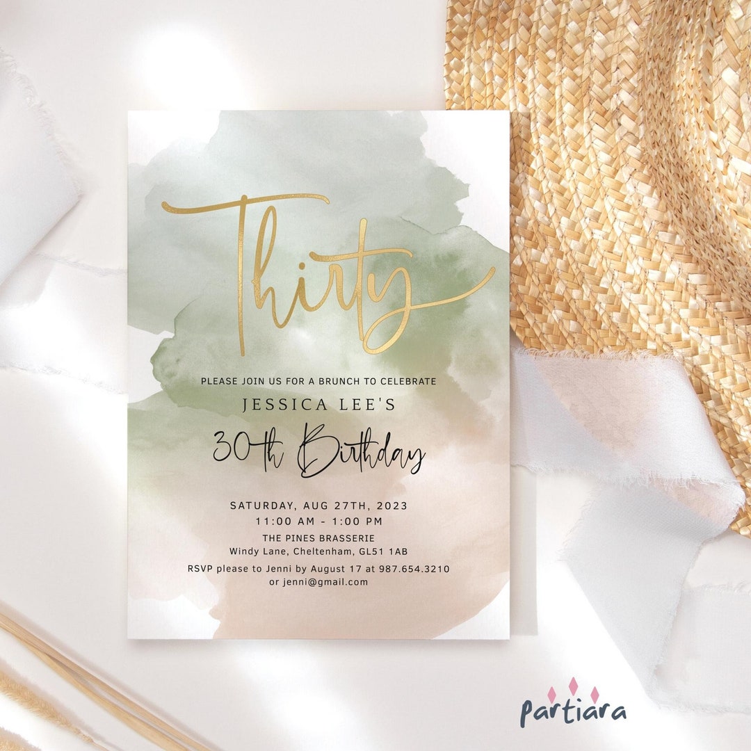 Ladies 30th Invite Birthday Invitation Thirty Sage Green Beige Neutral ...