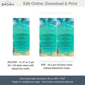 Editable Table Menu Card Template, Turquoise Blue Gold Birthday Menus ...