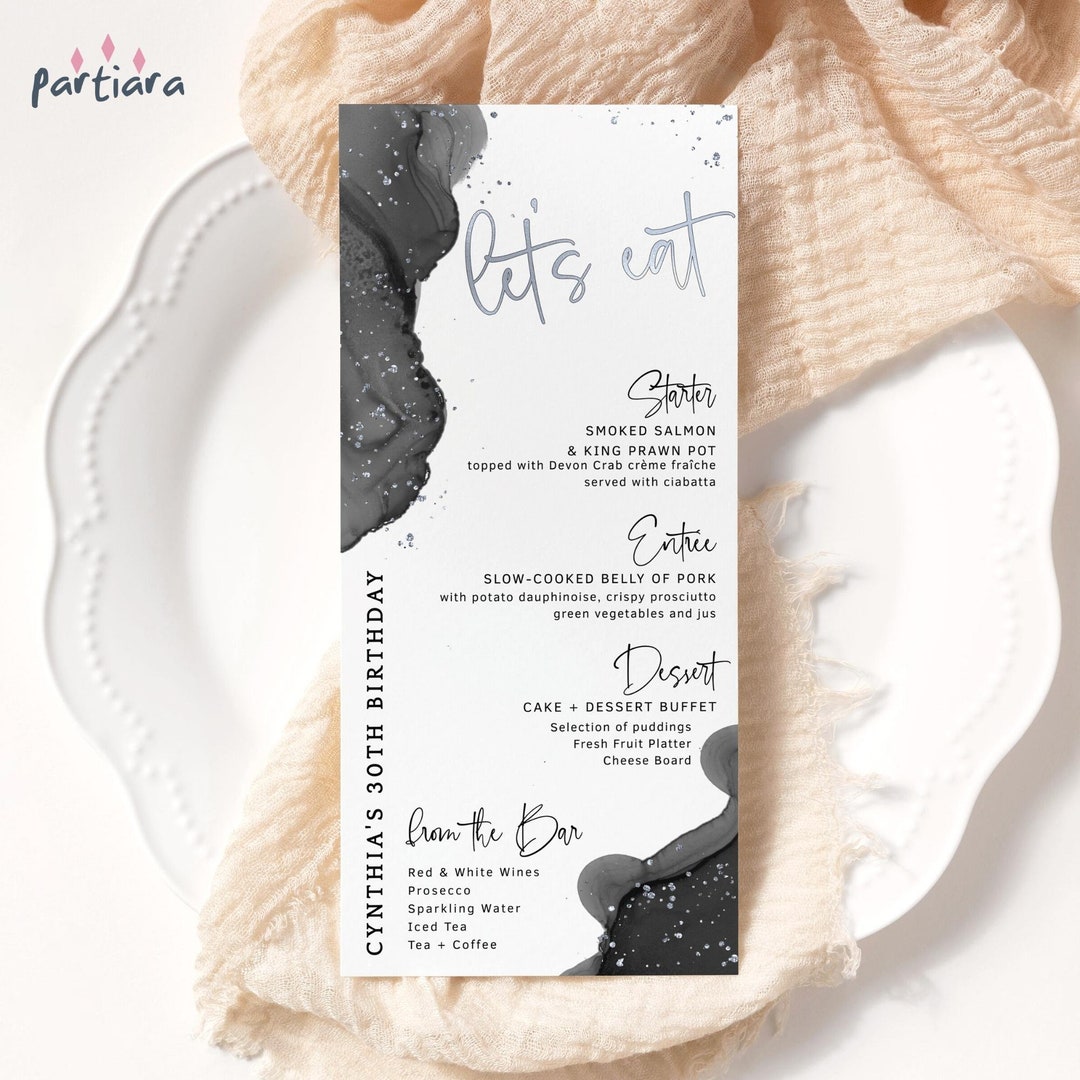 Black and Silver Food Menu Card Printable Birthday Table Menus Men or ...
