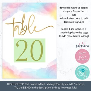 Rainbow Table Number Cards Printable Girls Birthday Party Tables Decor ...