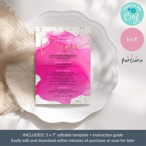 Hot Pink Gold Menu Card Printable Ladies Fuchsia Pink Dinner Party ...