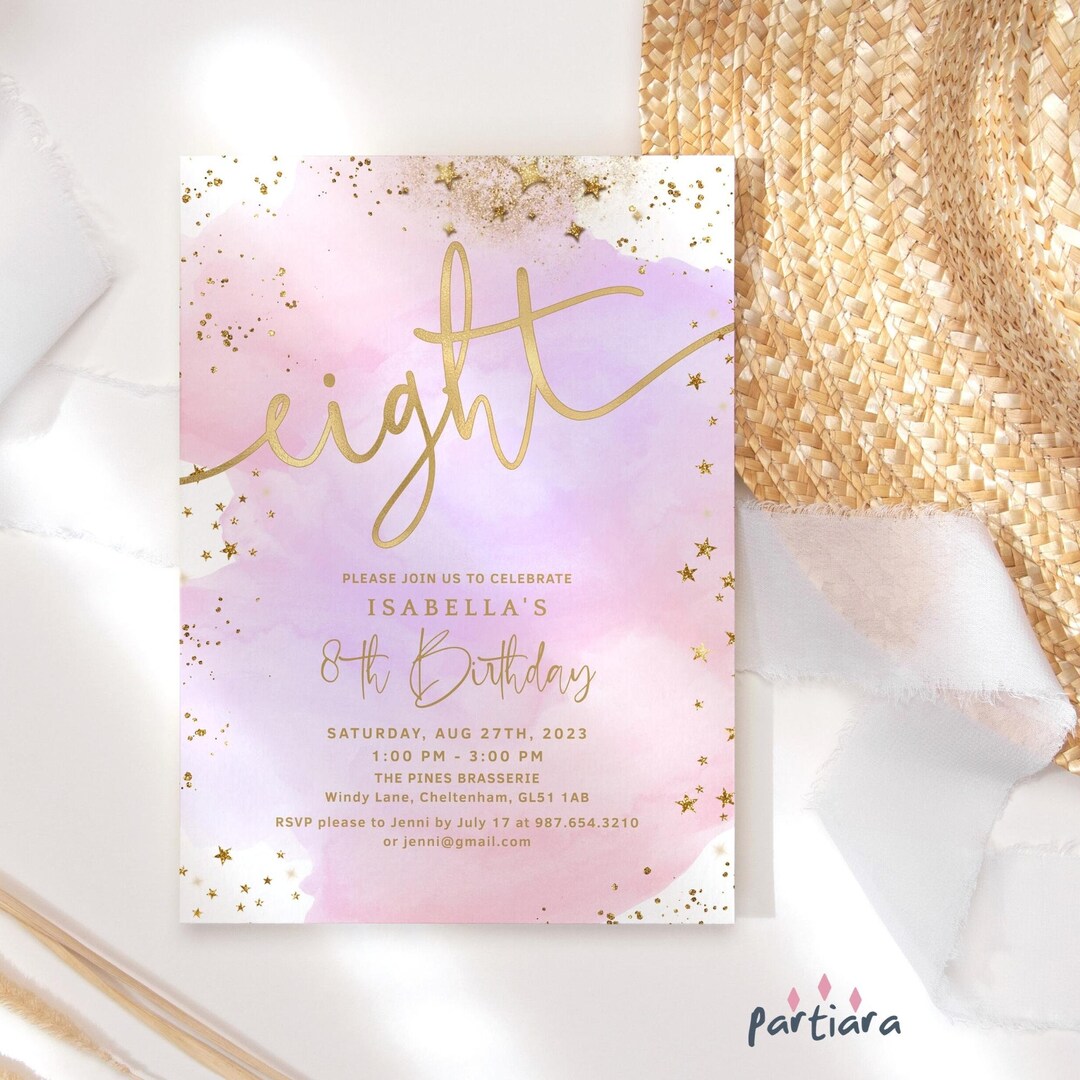 8th Birthday Invite Girls Party Invitations Printable Pastel Pink Lilac ...