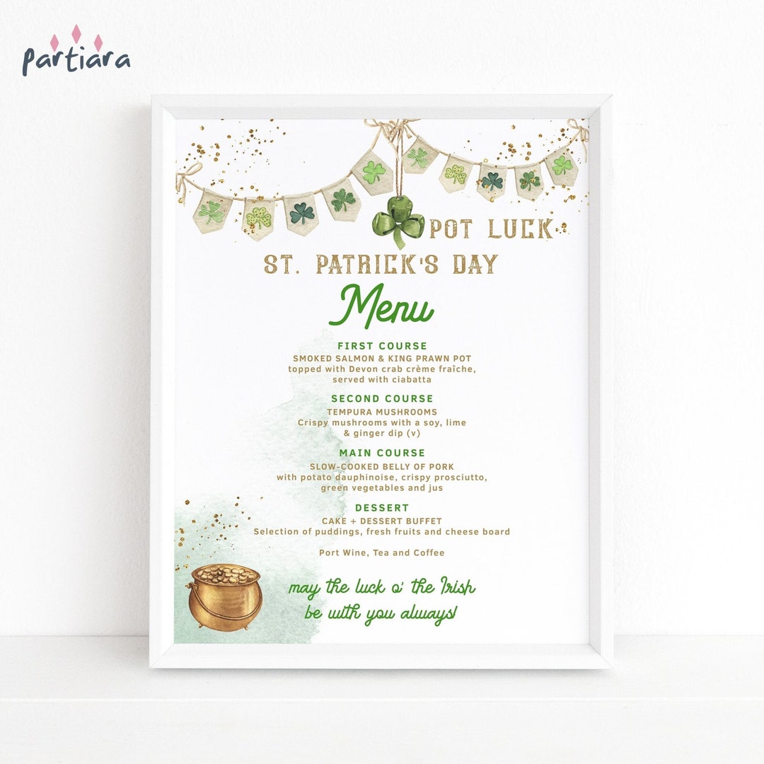 Printable St Patricks Day Menu Editable Template Pot Luck Irish Brunch ...