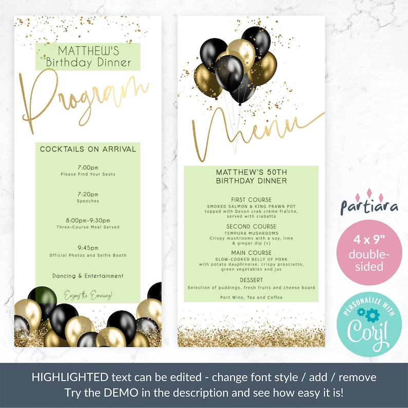 Black Gold Menu Program Card Editable Template Men or Ladies - Etsy