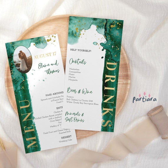 Emerald Gold Menu Card Editable Template Birthday Party | Etsy
