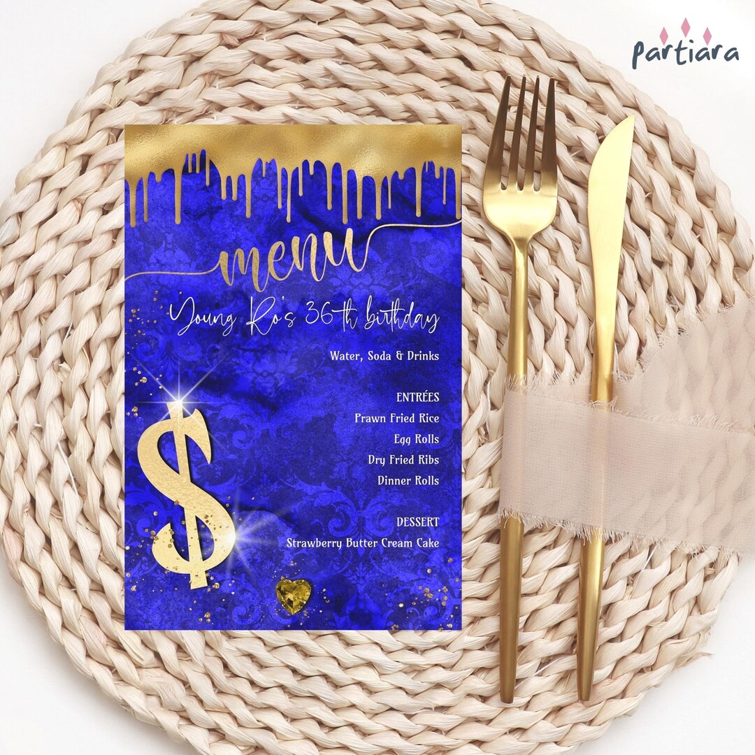 Teen Boys Birthday Menu Card Template, Royal Blue Gold Lucky Dollars ...