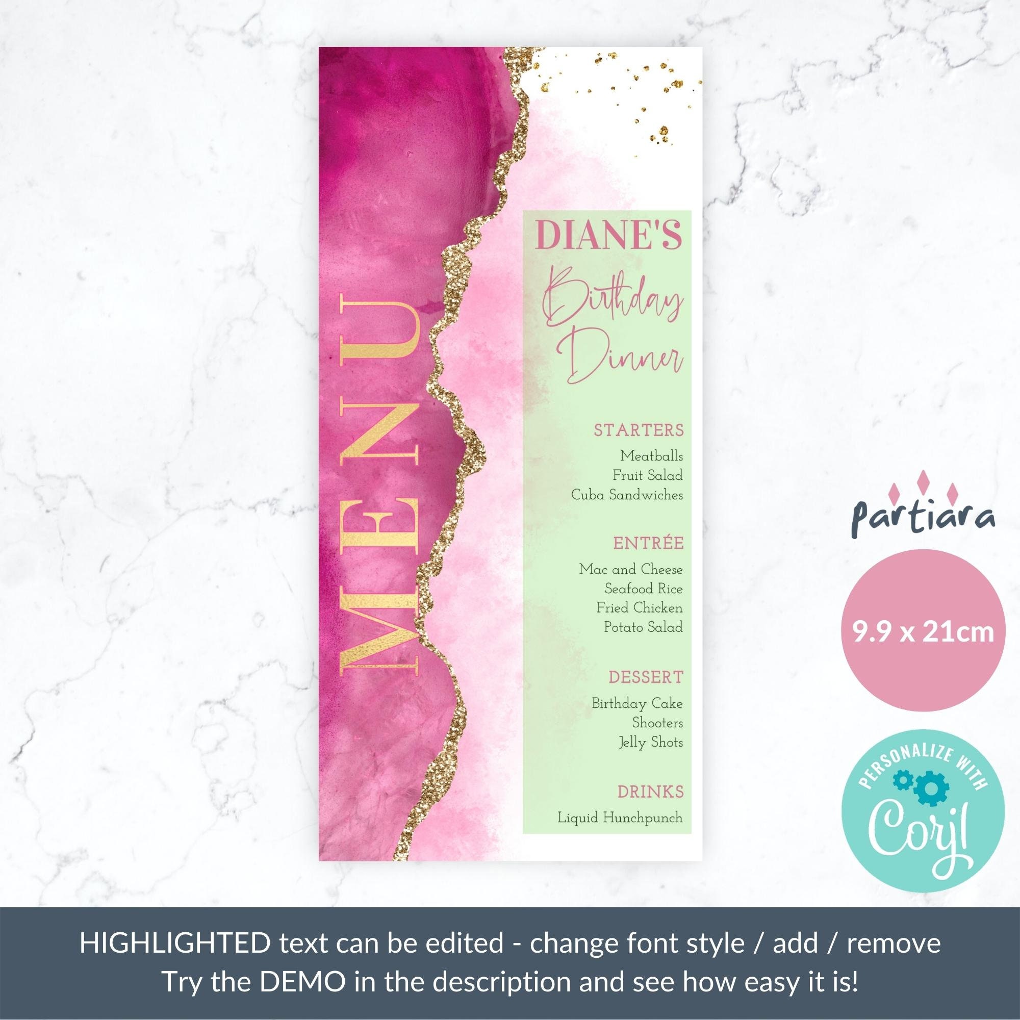 Fuchsia Gold Menu Editable Template Ladies Teens Girls Birthday ...