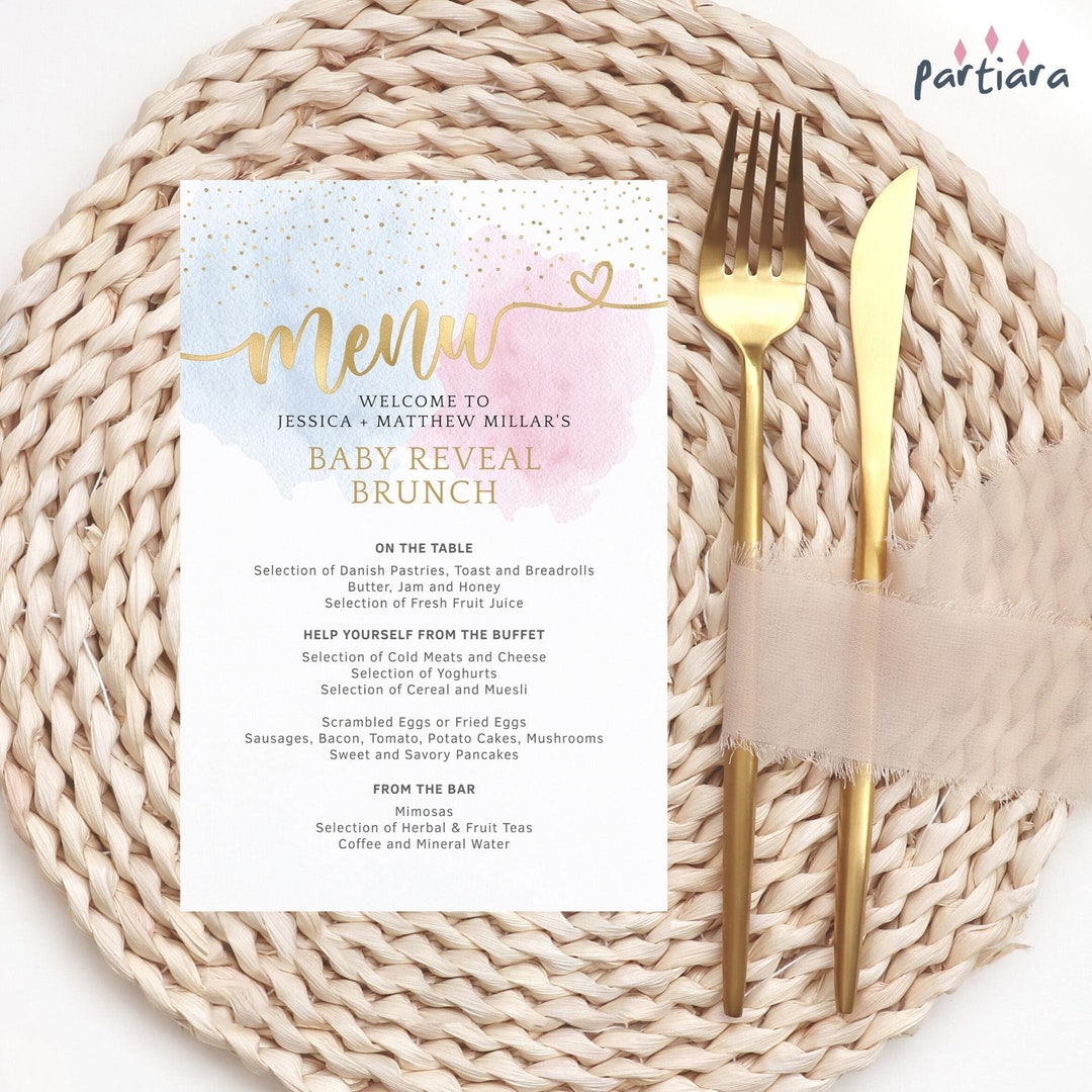 Pastel Baby Shower Menu Card Template, Boy Girl Gender Reveal Party ...