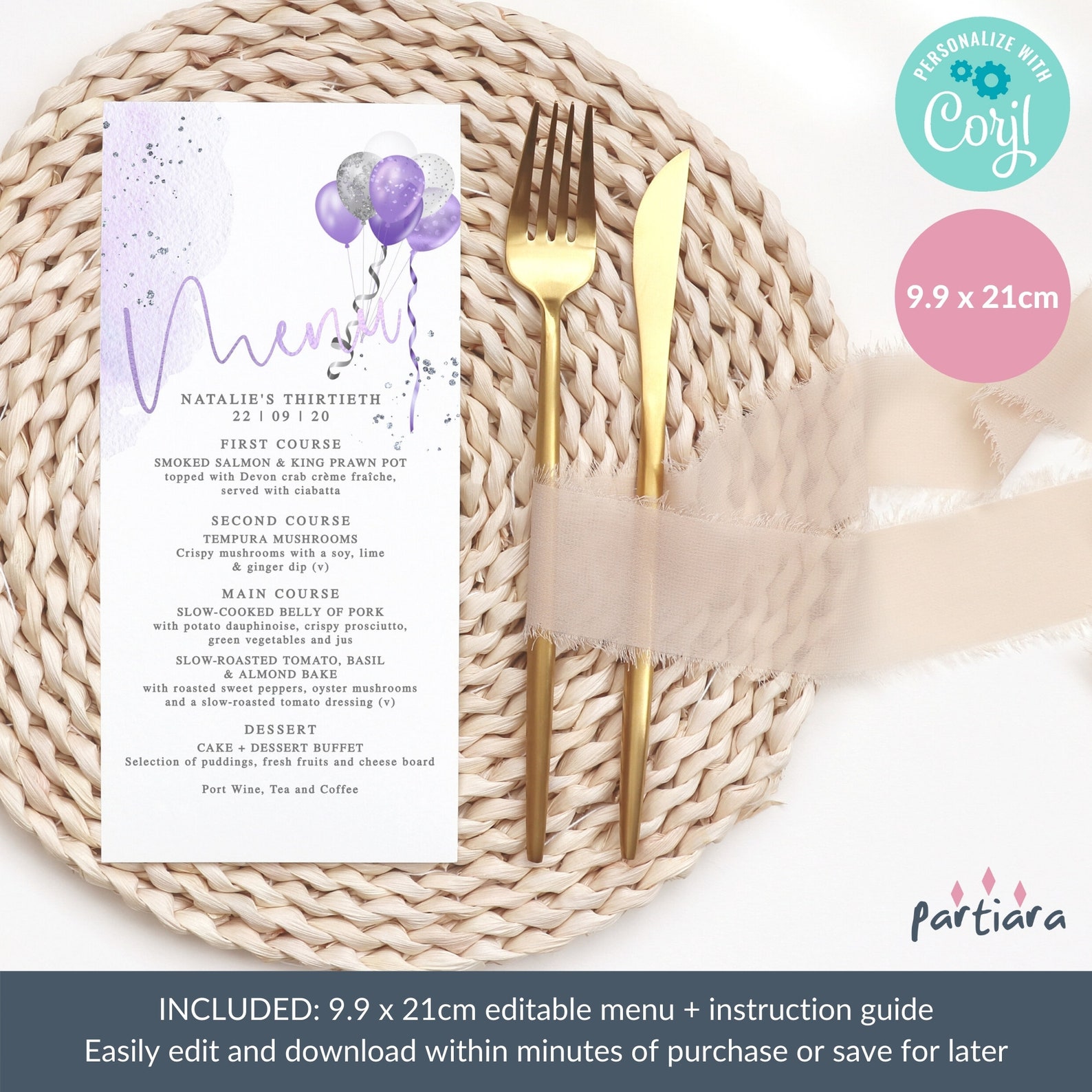Purple Menu Card, Birthday Dinner Menus Printable, Ladies Table Menu ...